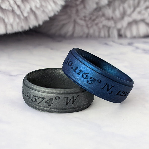Knot Theory Custom Engraved Rise Silicone Wedding Ring Band in Metal Blue Dark Silver Black or Metal Teal Breathable Hypoallergenic